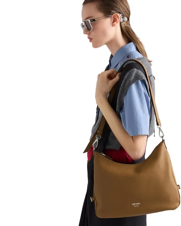 Prada Large Leather Shoulder Bag - Brown