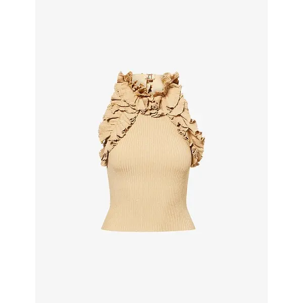 Zimmermann Luna Ruffled Metallic Rib-knit Top - Metallic Gold