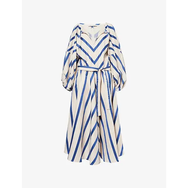 Palmer//harding Sonnet Chevron-stripe Linen-blend Midi Dress - Blue