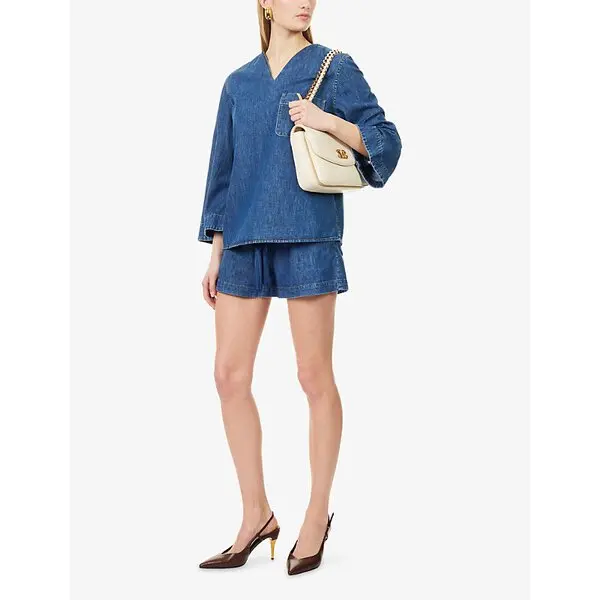 Valentino Garavani Drawstring Cotton-denim Shorts - Medium Blue Denim