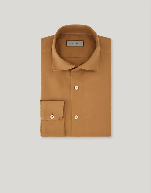 Canali Terracotta-colored Regular Fit Silk Cotton Garment Dyed Shirt - Brown