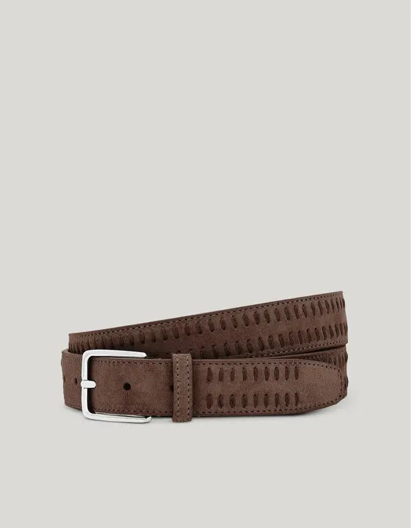 Canali Suede Belt With Decorative Stitching - Brown