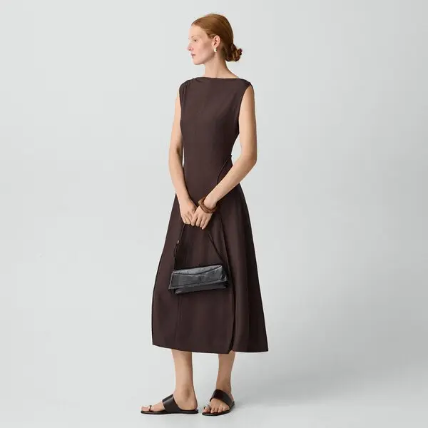 Theory Draped Midi Dress In Washed Twill - Dark Brown