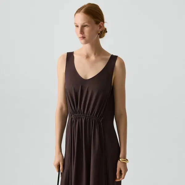 dark brown waist tie midi dress BROWN TIE WAIST DRESS