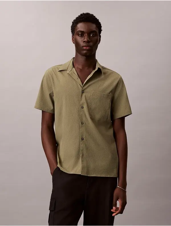 Calvin Klein Solid Seersucker Classic Button-down Shirt - Deep Lichen Green