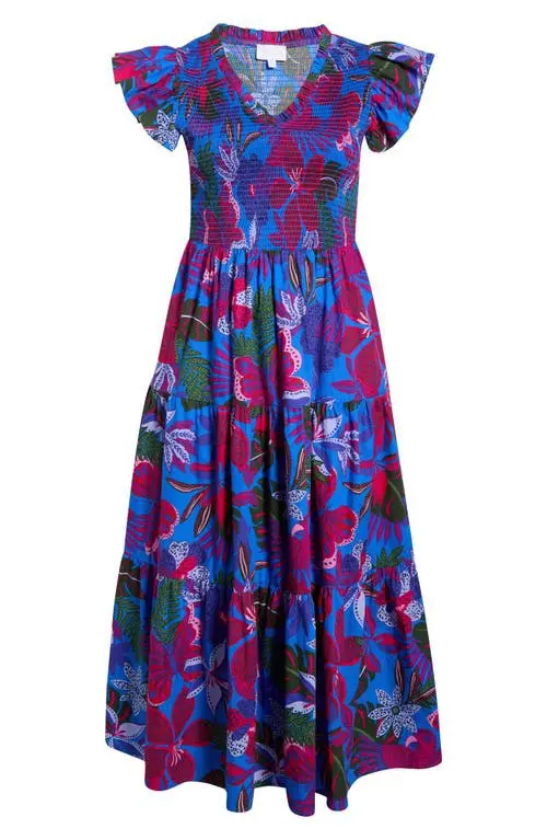 SUGARLIPS Mella Tropics Sunfire Smocked Cotton Tiered Maxi Dress - Blue/pink/combo