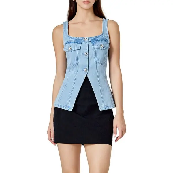 Endless Rose Fitted Denim Cutaway Vest - Light Denim