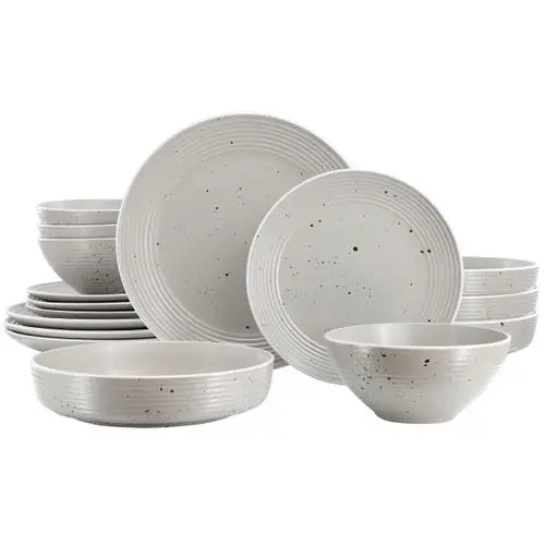 ELAMA Emilia 16 Piece Double Bowl Stoneware Dinnerware Set - Light Gray
