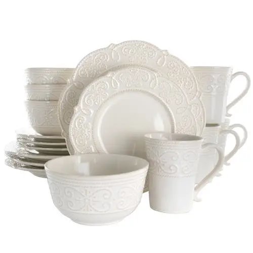 ELAMA Luna 16 Piece Embossed Scalloped Stoneware Dinnerware Set - White