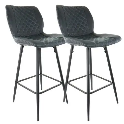 ELAMA 2 Piece Diamond Stitched Faux Leather Bar Chair With Metal Legs - Black