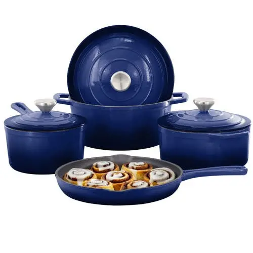 MEGACHEF 7 Piece Enameled Cast Iron Cookware Set - Blue