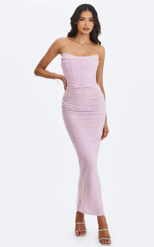 MISS CIRCLE Raylee Beaded Mesh Strapless Sheath Maxi Dress - Lilac