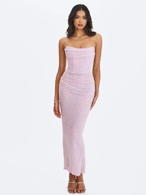 MISS CIRCLE NEW YORK Raylee Beaded Mesh Strapless Sheath Maxi Dress - Lilac