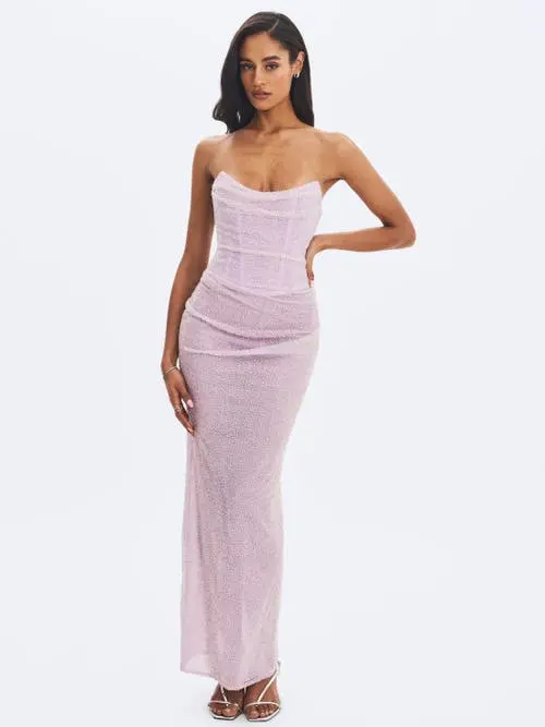 MISS CIRCLE NEW YORK Raylee Beaded Mesh Strapless Sheath Maxi Dress - Lilac