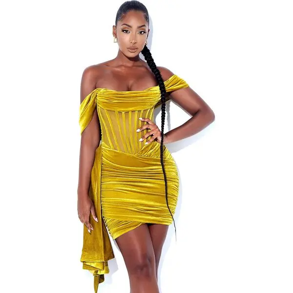 MISS CIRCLE NEW YORK Irisaa Draping Off Shoulder Corset Mini Dress - Gold