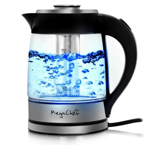 MEGACHEF 1.9 Quart Cordless Glass And Stainless Steel Electric Tea Kettle With Tea Infuser - Grey
