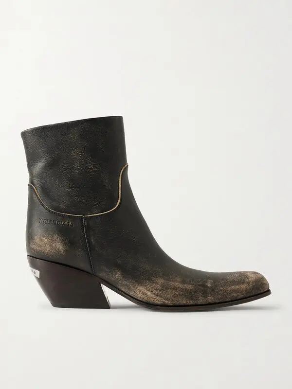 Balenciaga Memphis Distressed Leather Cowboy Boots - Black