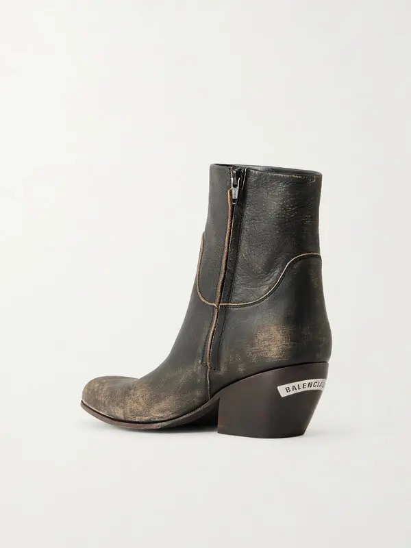 Balenciaga Memphis Distressed Leather Cowboy Boots - Black