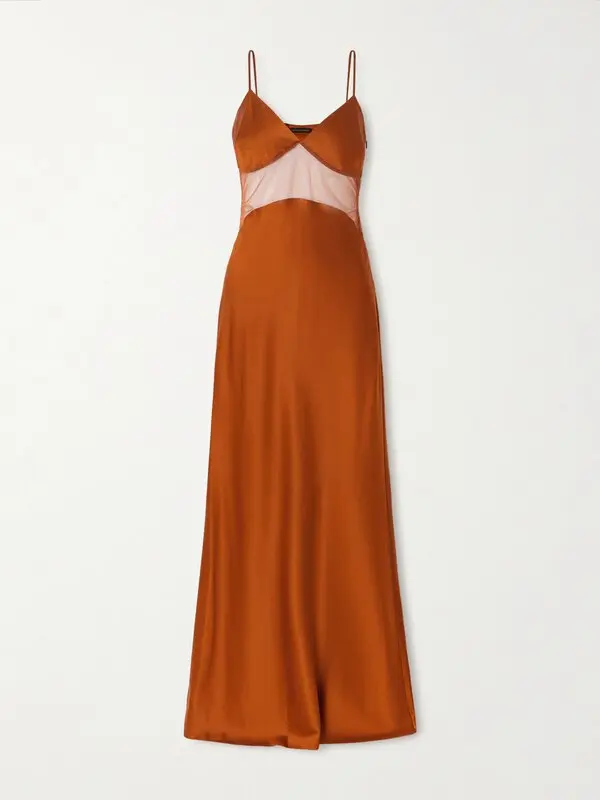 Kiki De Montparnasse Maxime Tulle-trimmed Silk-blend Satin Nightdress - Orange
