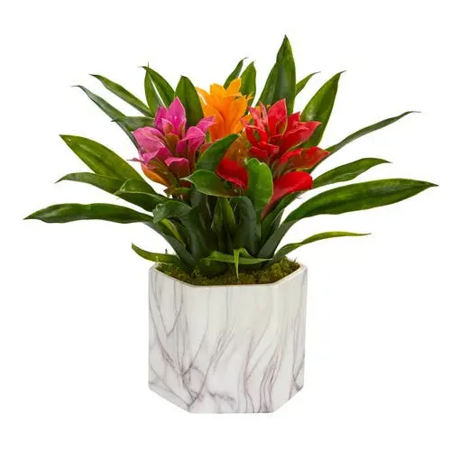 NEARLY NATURAL Bromeliad Artificial Plant In Marble Finished Vase - Assorted