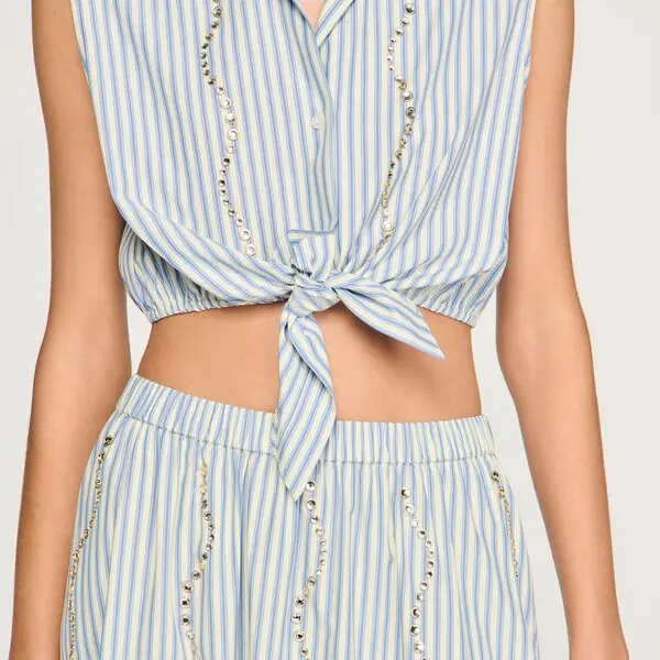 Sandro Cropped Striped Rhinestone Shirt