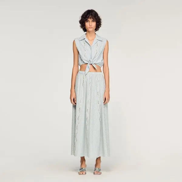 Sandro Cropped Striped Rhinestone Shirt