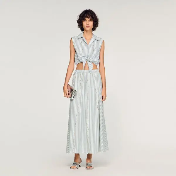 Sandro Striped Maxi Skirt With Rhinestone Detail - Blue