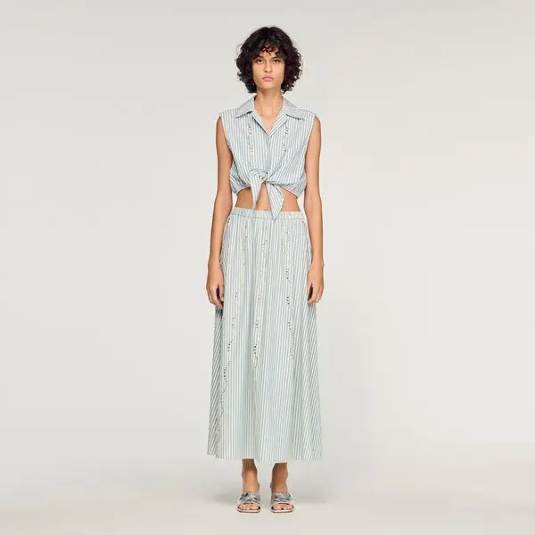Sandro Striped Maxi Skirt With Rhinestone Detail - Blue