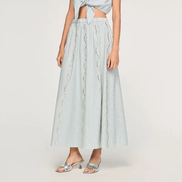 Sandro Striped Maxi Skirt With Rhinestone Detail - Blue