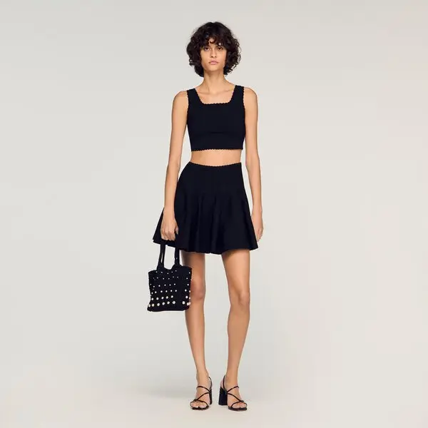 Sandro Plain Knit Crop Top With Decorative Trim