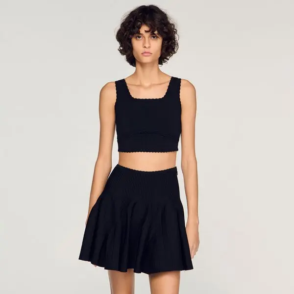 Sandro Plain Knit Crop Top With Decorative Trim