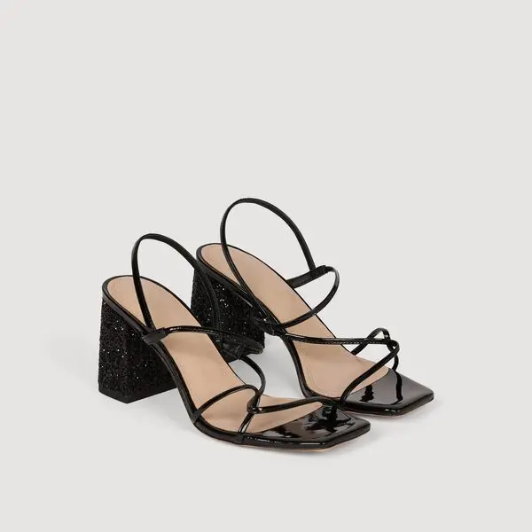 Sandro Patent Leather Sandals With Glitter Heel - Black