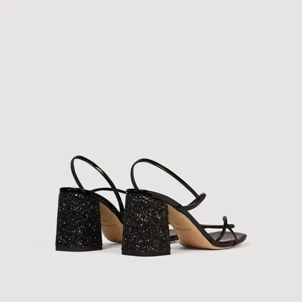 Sandro Patent Leather Sandals With Glitter Heel - Black