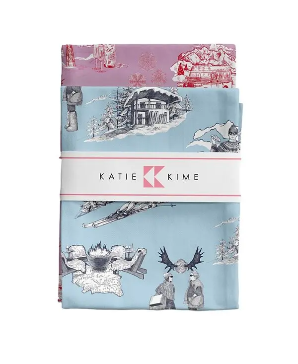 KATIE KIME Apres Ski Toile Tea Towel, Set Of 2 - Cranberry Light Blue