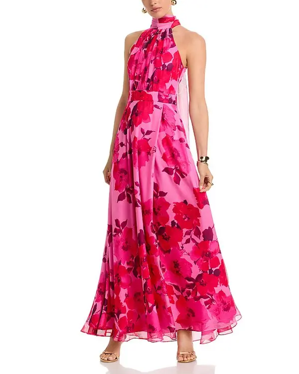 Aqua Floral Halterneck Maxi Dress