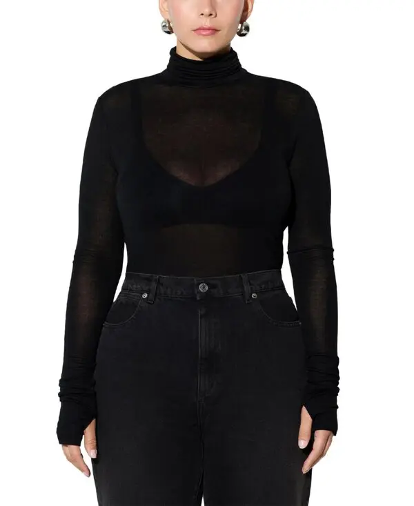 MARCELLA Eloise Sheer Turtleneck Top - Black