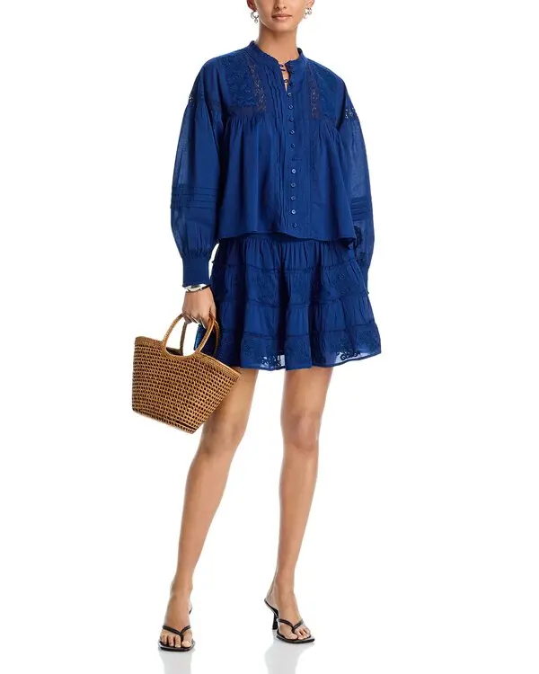 Aqua Embroidered Pintucked Blouse