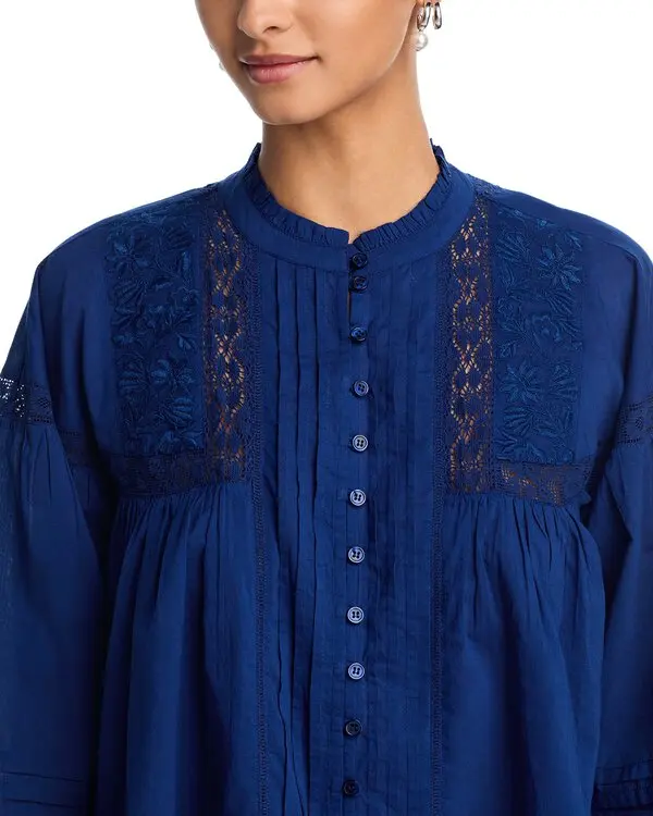 Aqua Embroidered Pintucked Blouse