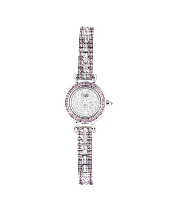 HERMES Faubourg Quartz Watch In White Gold With Pave Diamond Bezel, Pink Sapphire With Diamond Dial And Bracelet 16mm - Dial Color: Gold