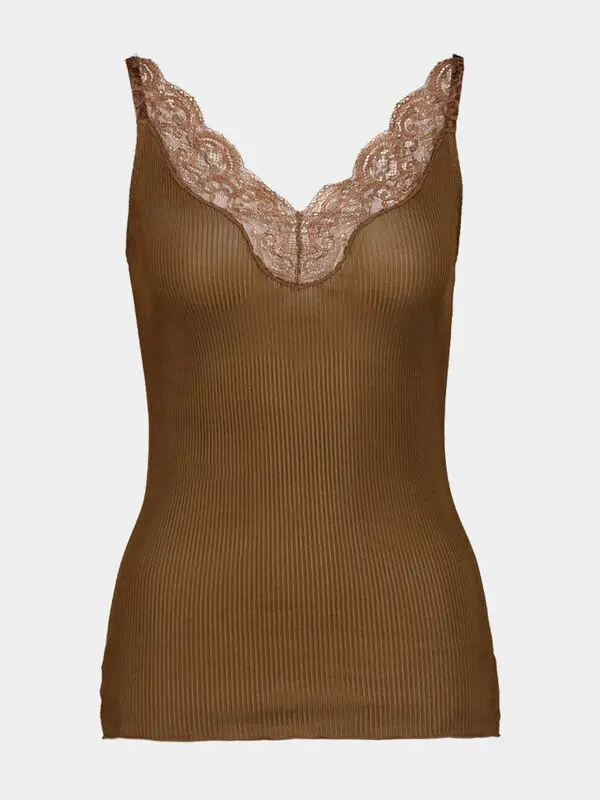 Saint Laurent Caramel Lace-trim Ribbed Silk Tank Top - Brown
