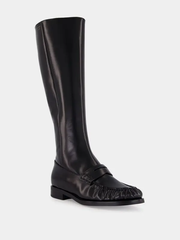 Prada Spazzolato Leather Knee-high Moccasin Boots - Brown
