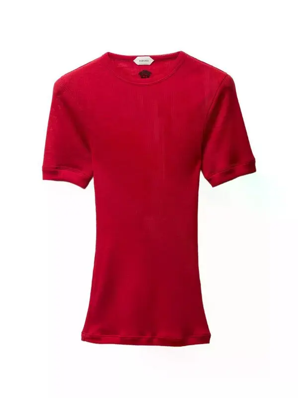 Versace Ribbed Wool Knit T-shirt With Medusa Embroidery - Red