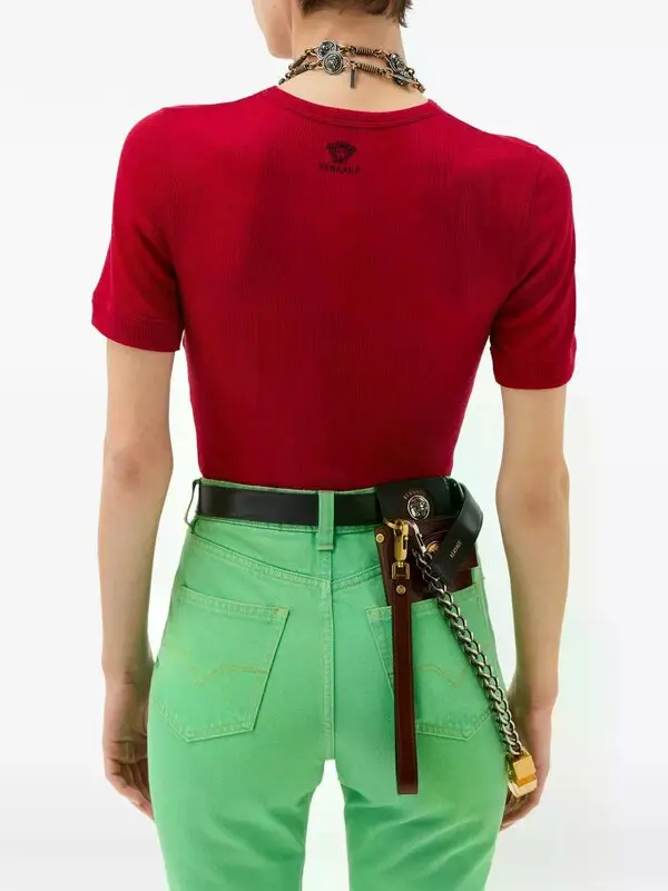 Versace Ribbed Wool Knit T-shirt With Medusa Embroidery - Red