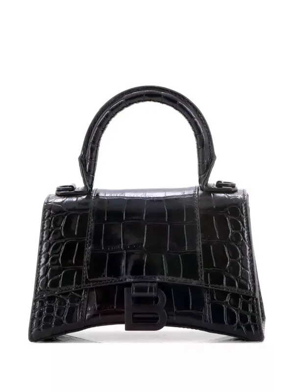 Balenciaga Hourglass Top Handle Bag Crocodile Embossed Leather Xs Satchel - Black