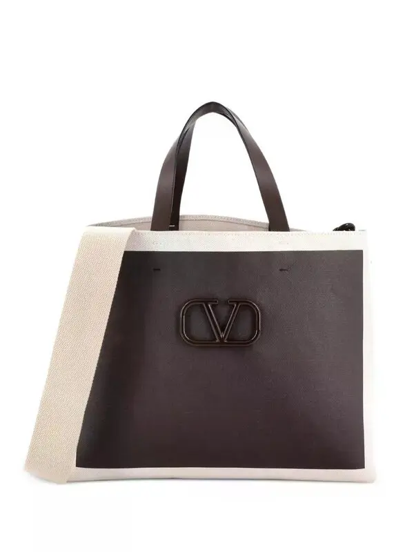 Valentino Garavani Vlogo Signature Leather And Canvas Large Tote - Neutrals