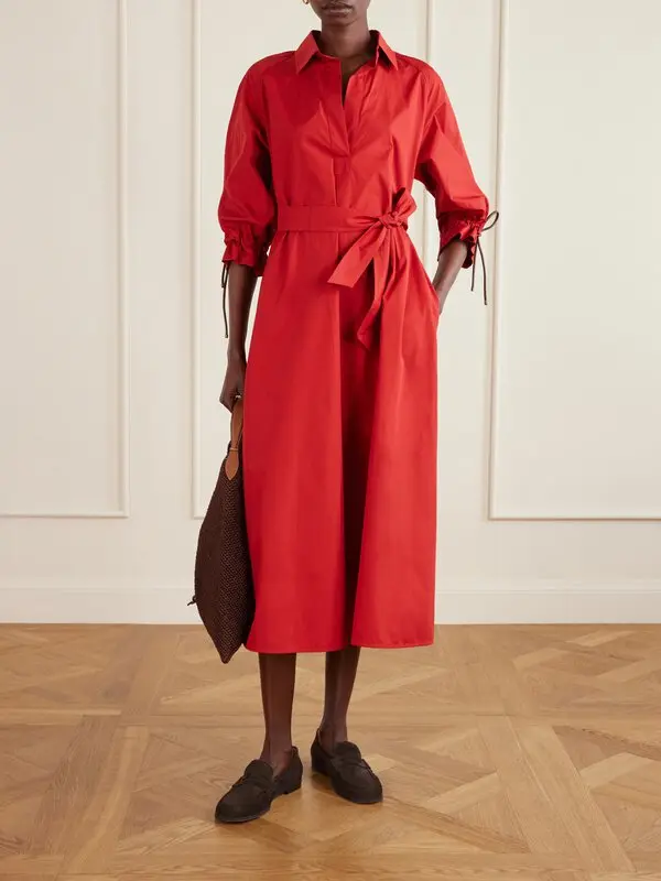 Max Mara Tie-detailed Cotton-poplin Midi Dress - Red