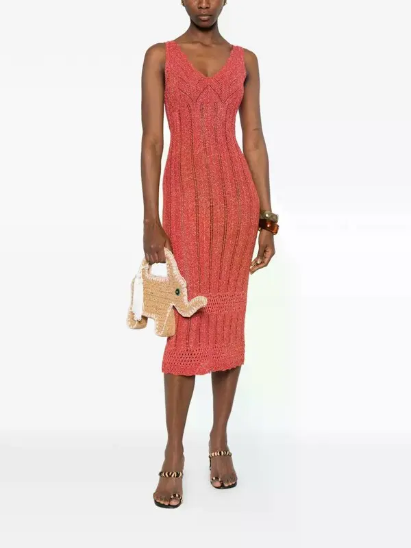 TWINSET V-neck Midi Dress With Lurex Chevron Openwork And Scalloped Trims