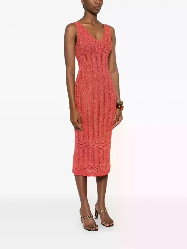 TWINSET V-neck Midi Dress With Lurex Chevron Openwork And Scalloped Trims