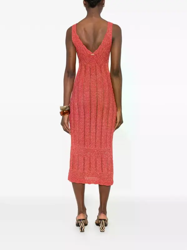 TWINSET V-neck Midi Dress With Lurex Chevron Openwork And Scalloped Trims
