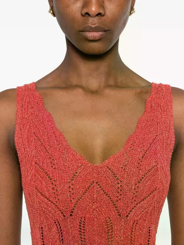 TWINSET V-neck Midi Dress With Lurex Chevron Openwork And Scalloped Trims